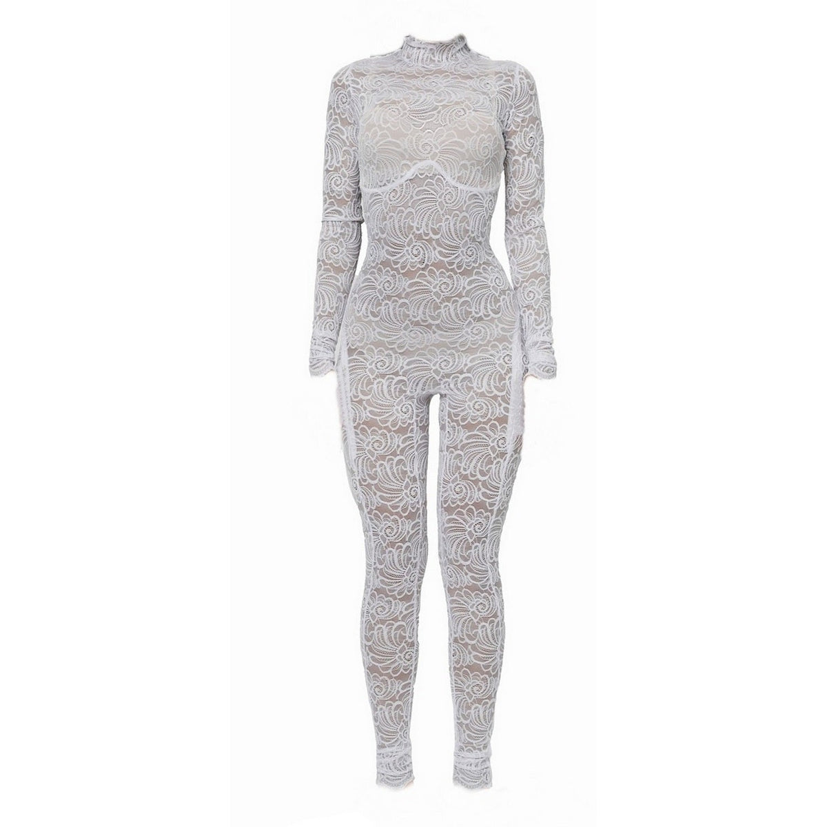 White Floral Lace Sheer Long Sleeve Turtleneck Full Bodysuit - MONOSUIT